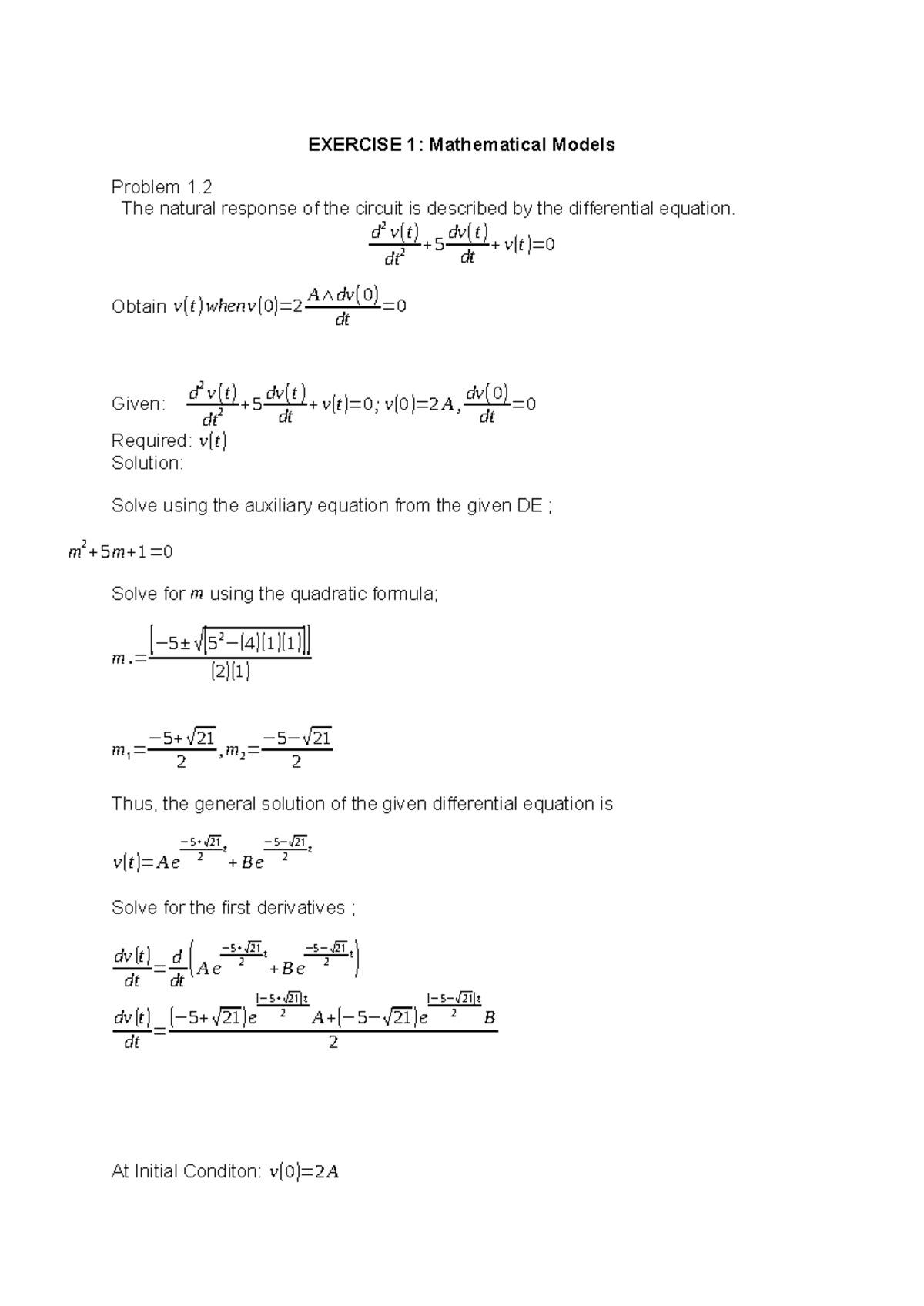 Exercise 1: Solution to Mathematical Models Problem 1.2 - Studocu