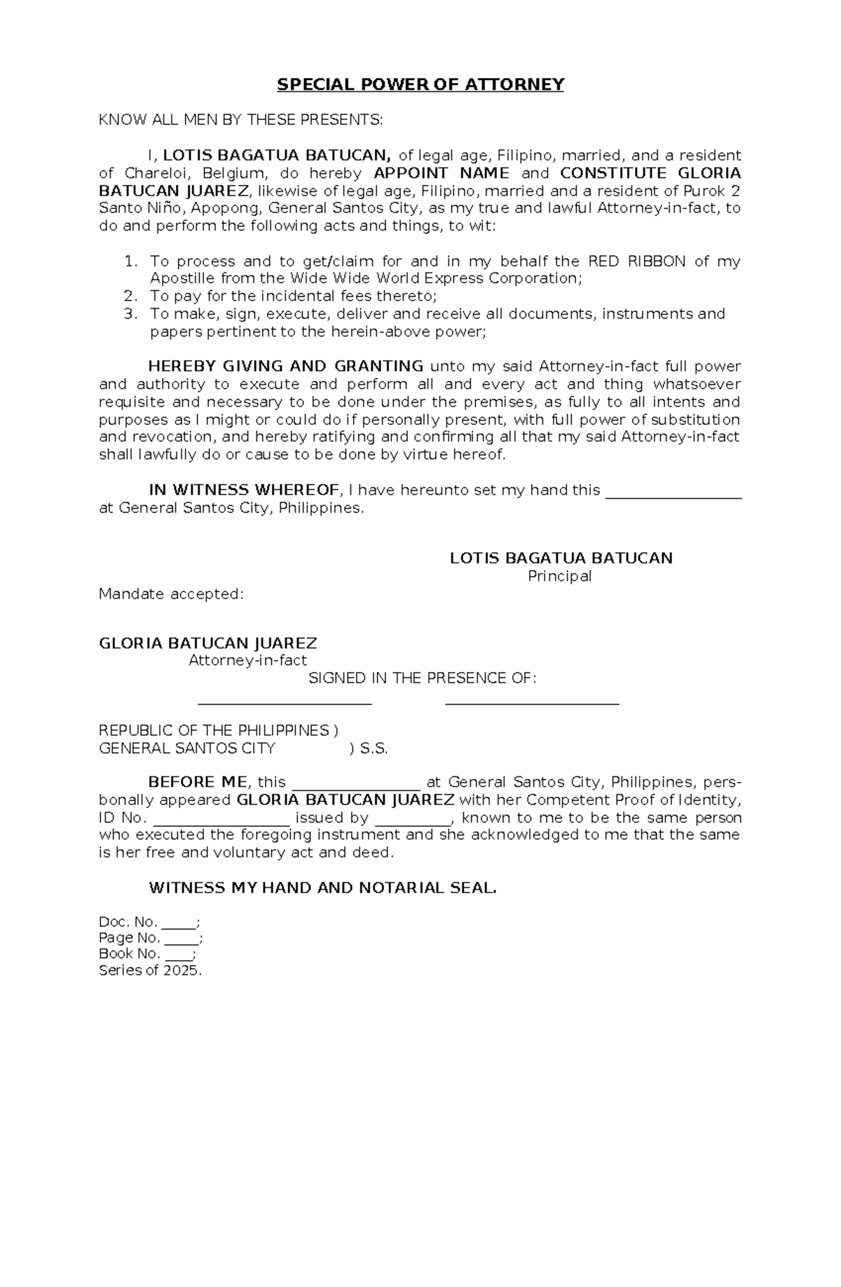 SPA Sample - Special Power of Attorney for RED Ribbon Acquisition - Studocu