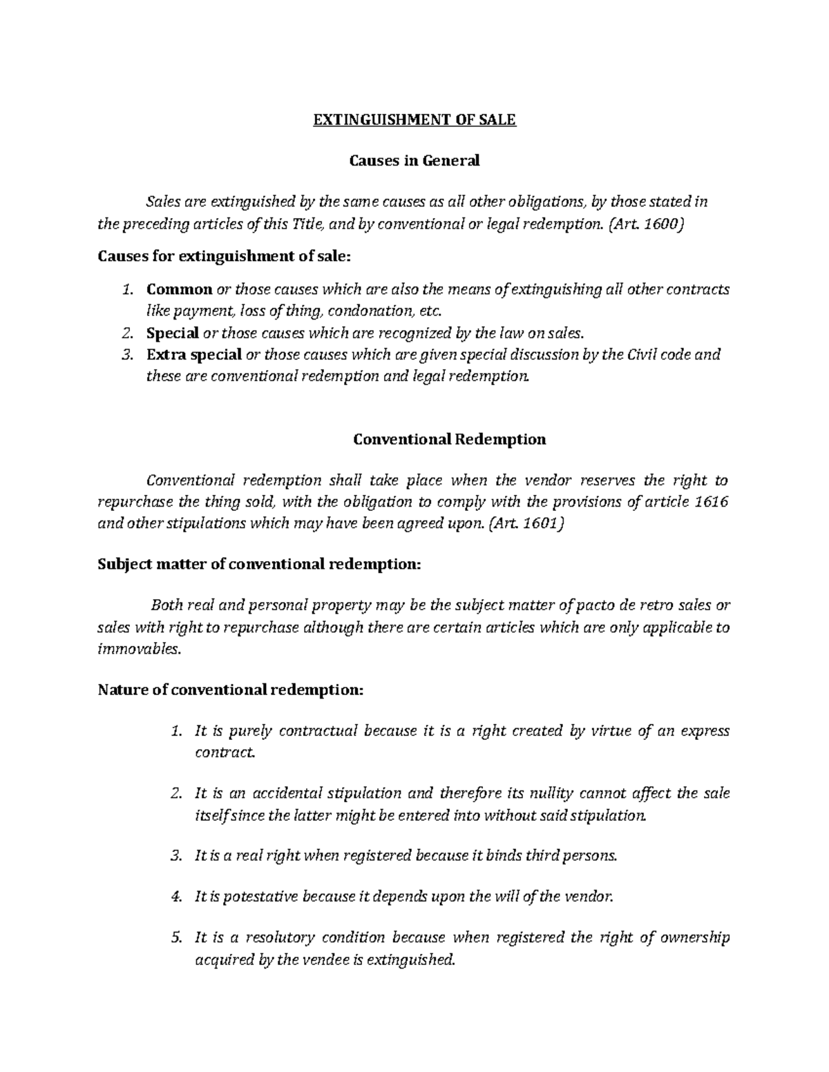 Extinguishment of Sale: Legal Principles & Conventional Redemption ...
