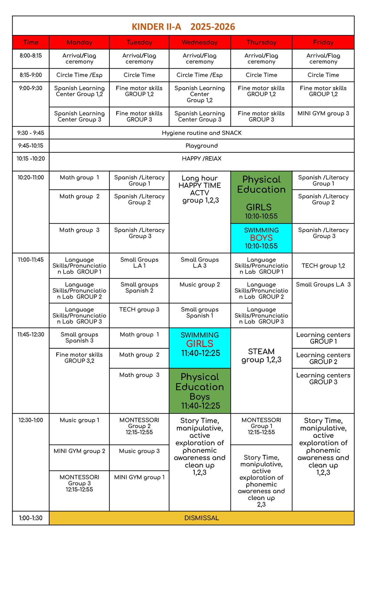 K2 - Weekly Schedule: Activities & Learning Centers - Studocu
