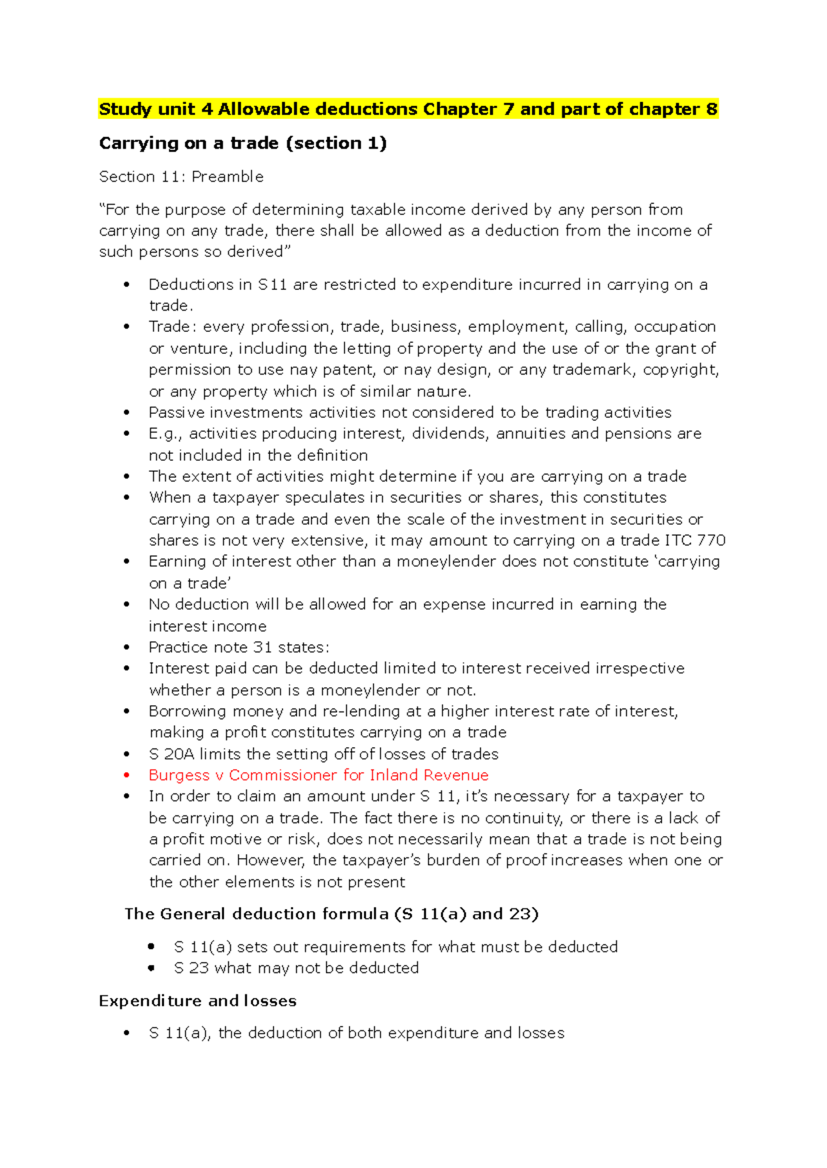 Tax Deduction Guidelines: S11 and S23 Explained for Taxpayers (Unit 4 ...