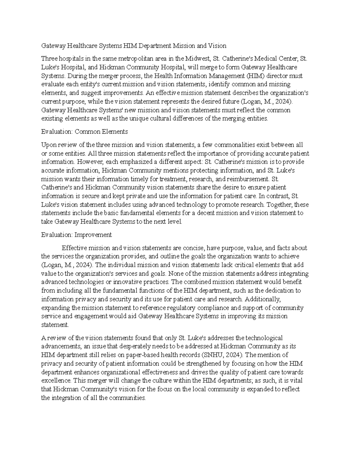 Gateway Healthcare Systems HIM Dept Mission & Vision Evaluation - Studocu