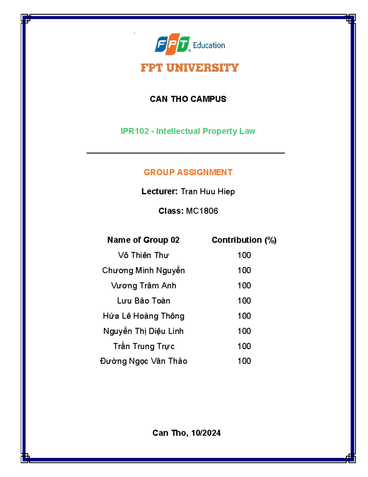 FA24 IPR 102 MC1806 Group 4 Report - CAN THO CAMPUS IPR102 - Intellectual Property Law GROUP ...
