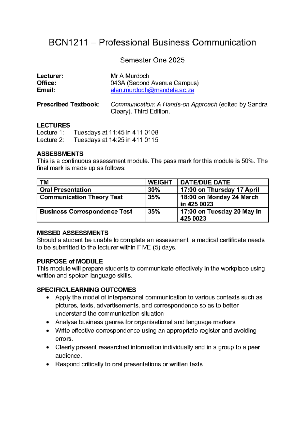 BCN1211 Professional Business Communication Module Outline 2025 - Studocu