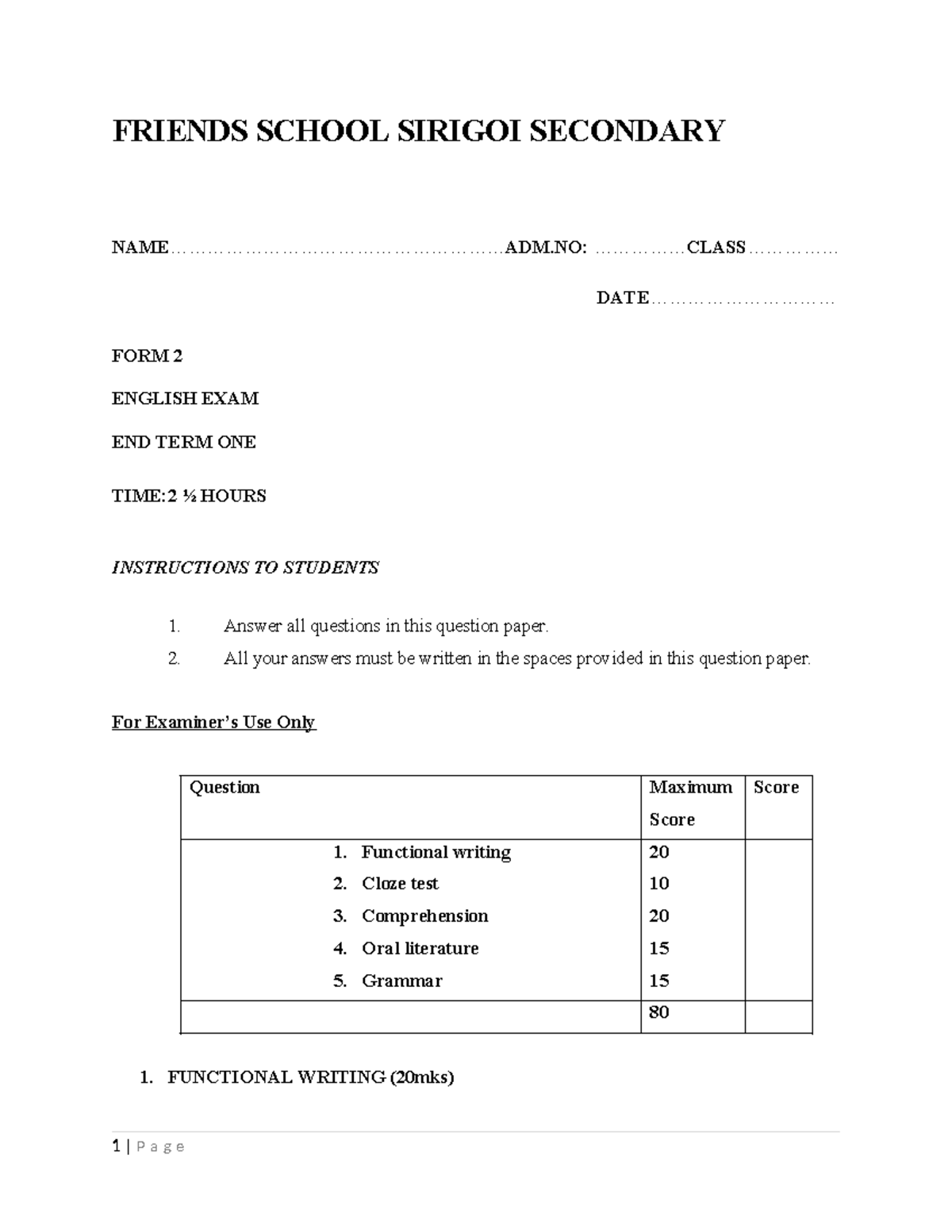 Form 2 English Exam - End Term 2025: Comprehensive Assessment - Studocu