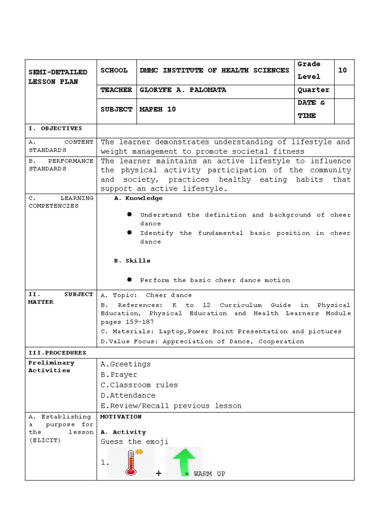 Lesson Plan for MAPEH 10: Cheer Dance Activities and Objectives - Studocu