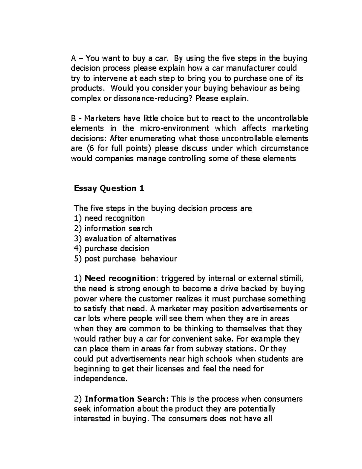 Midterm Essay Questions & Answers: Buying Decision Process Analysis ...