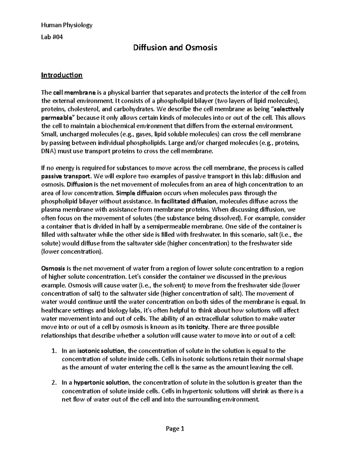 Lab 04: Exploring Diffusion and Osmosis in Cell Membranes - Studocu