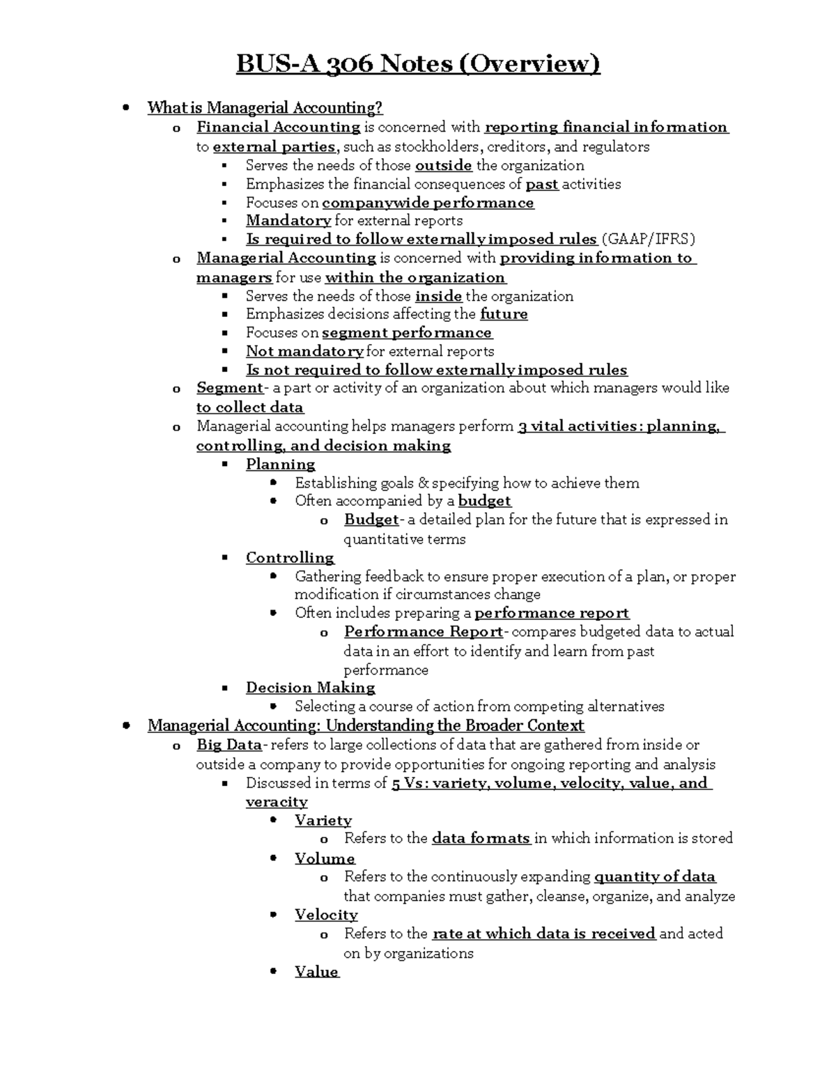 BUS-A 306 Final Exam Notes: Overview of Managerial Accounting Concepts ...
