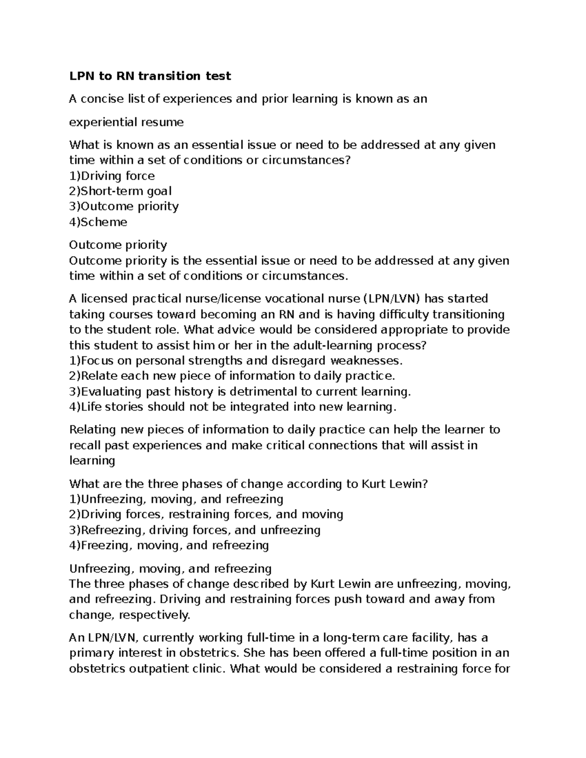 LPN to RN Test 1 - Key Study Questions for Transition Success - Studocu
