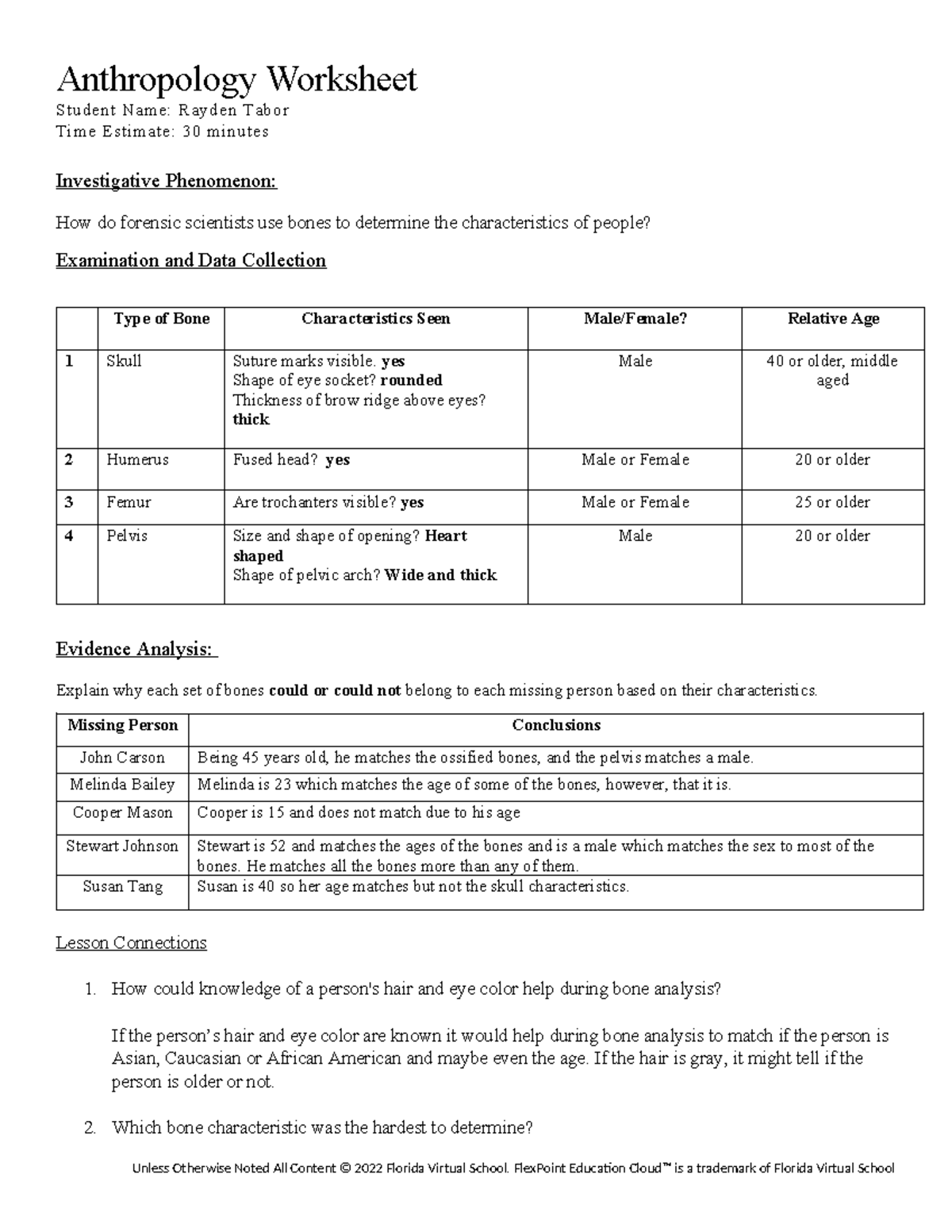 05.03 Anthropology Worksheet on Forensic Bone Analysis by Rayden Tabor ...