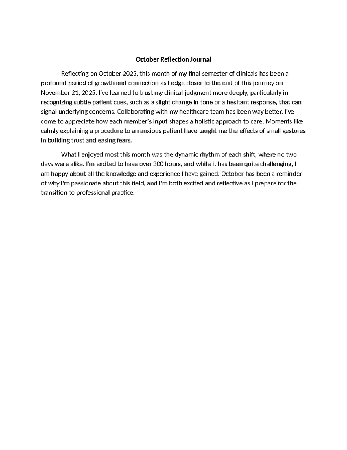 October Reflection Journal: Insights from My Final Clinicals - Studocu