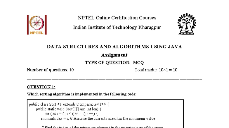 NPTEL IIT Kharagpur DATA STRUCTURES & ALGORITHMS (Java) Week-11 Assignment - Studocu