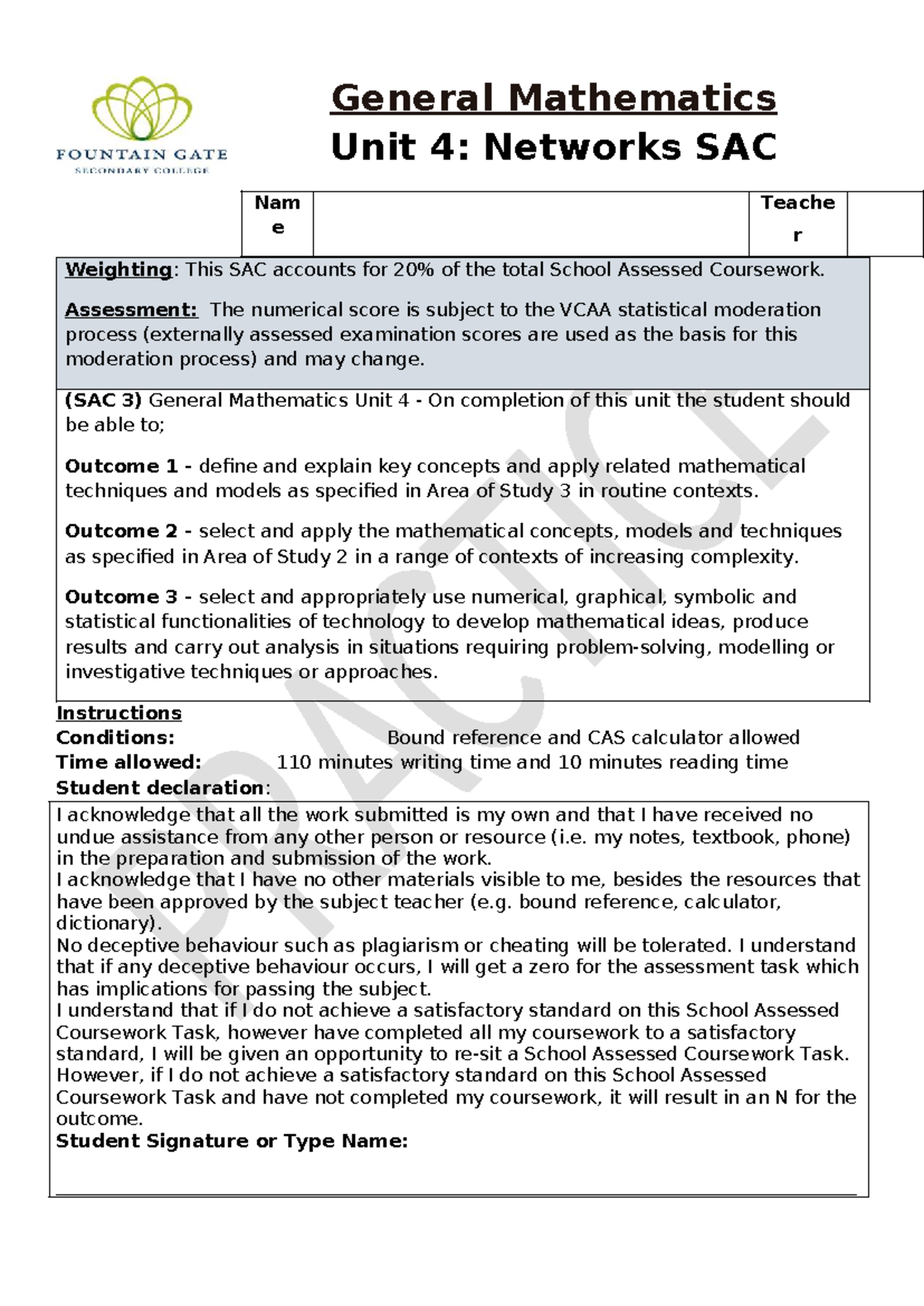 General Mathematics Unit 4: Networks SAC 3 Overview and Guidelines ...