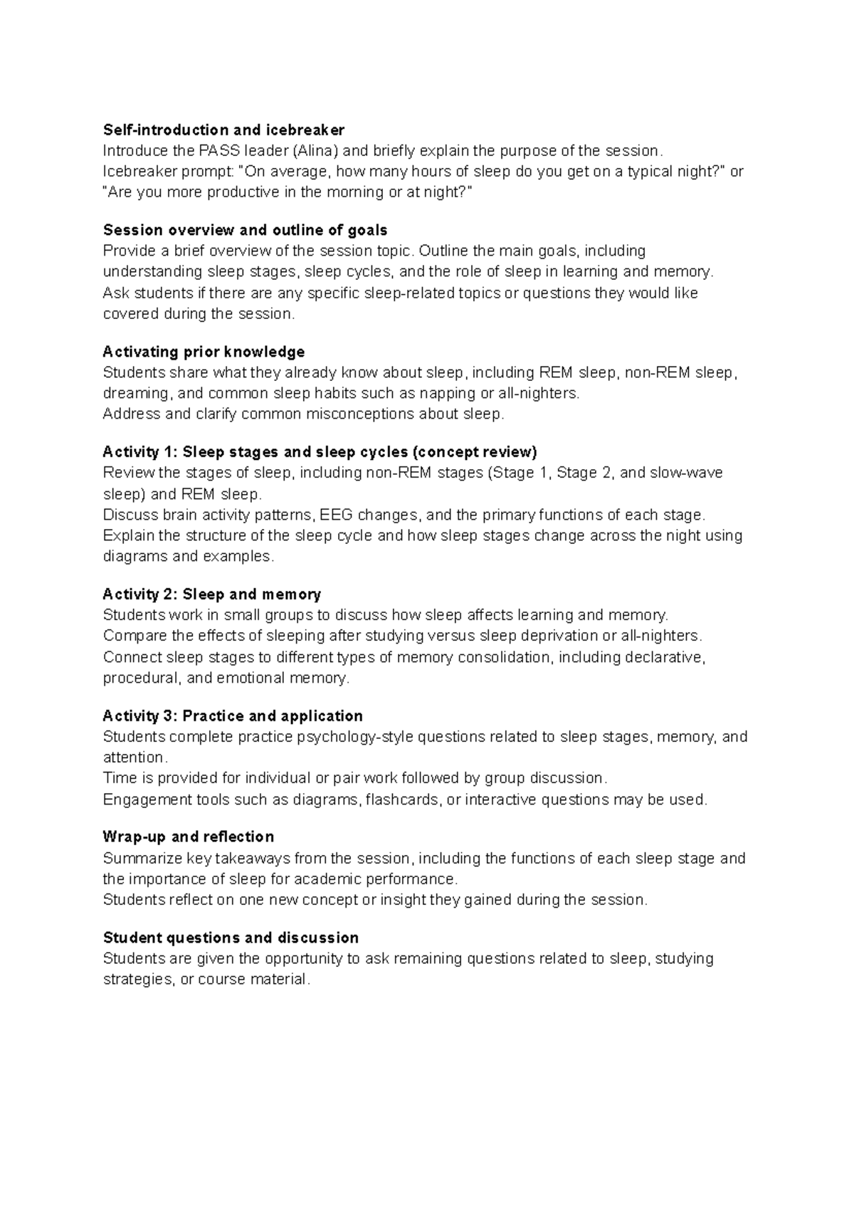 Lesson Plan: Understanding Sleep & Learning in PSYC 1010 - Studocu