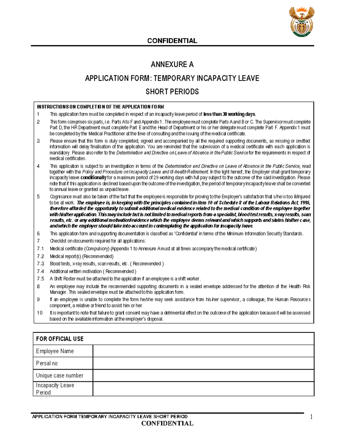 Application Form for Temporary Incapacity Leave (Short Period) - Studocu