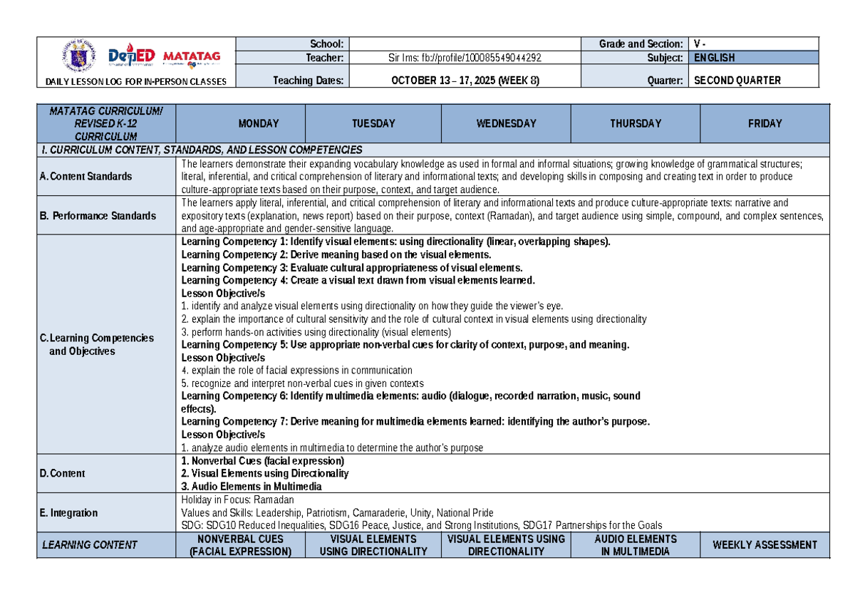 G5Q2W8 Daily Lesson Log: English Curriculum for Week 8 - Studocu