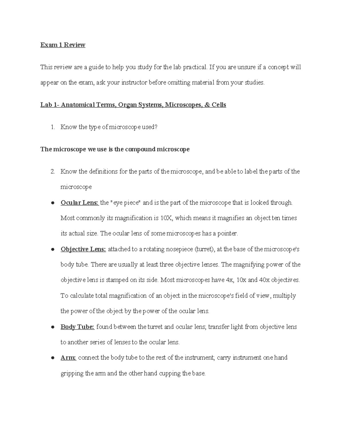 Exam 1 Review Lab 1 - Anatomy and Physiology Practical Study Guide ...