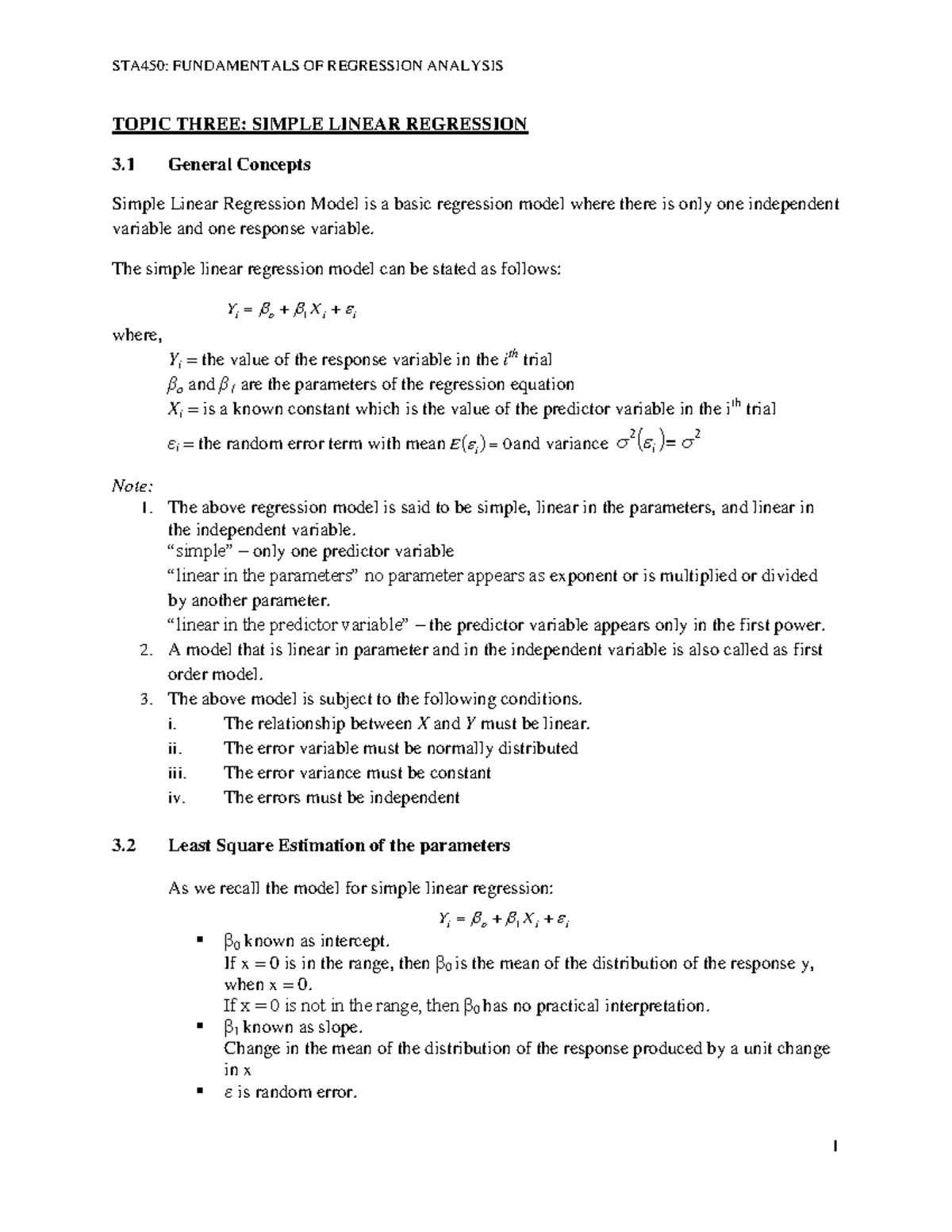 Topic 3 - Simple Linear Regression - TOPIC THREE: SIMPLE LINEAR REGRESSION 3 General Concepts ...