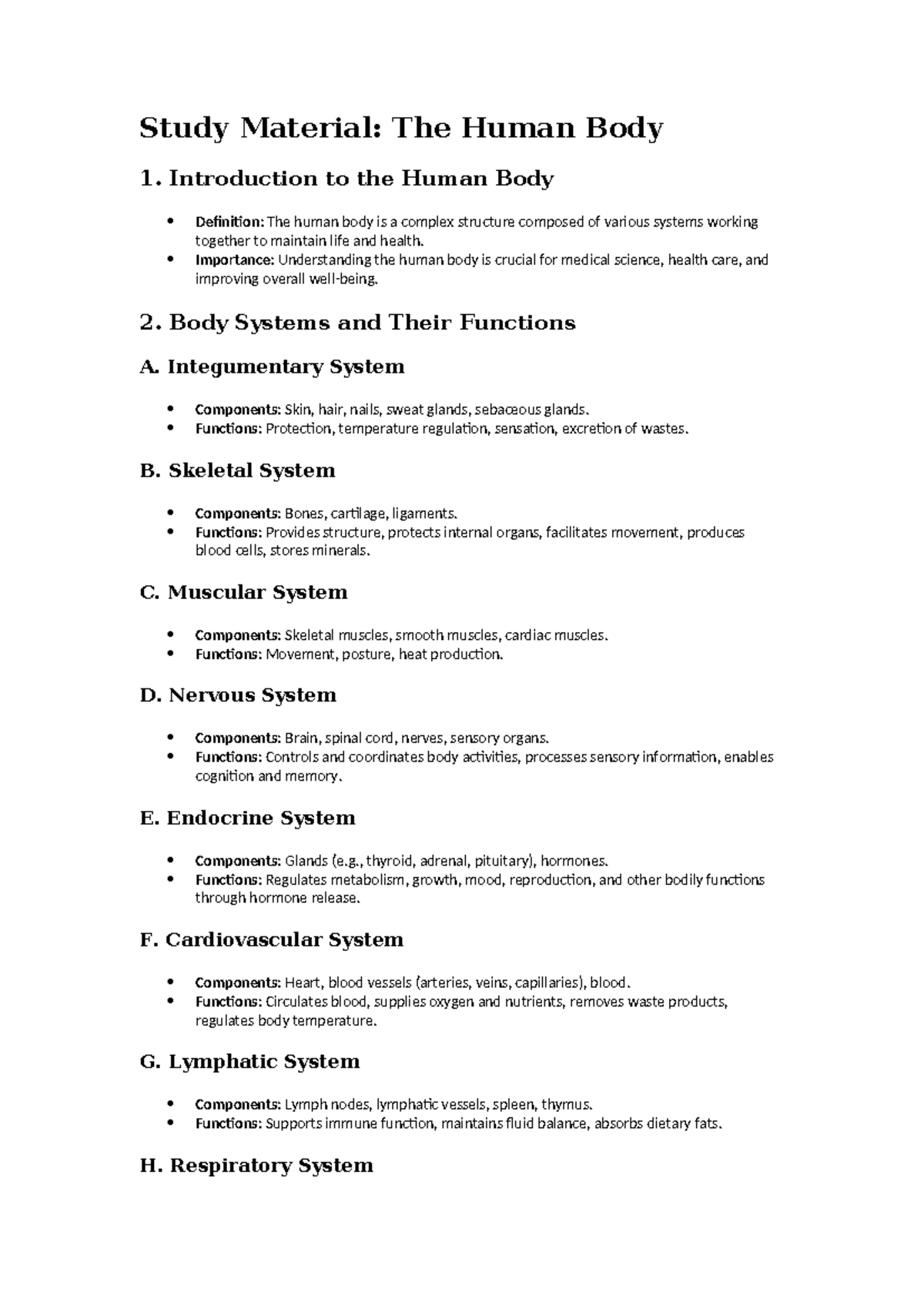 Human body - Study Material: The Human Body 1. Introduction to the ...