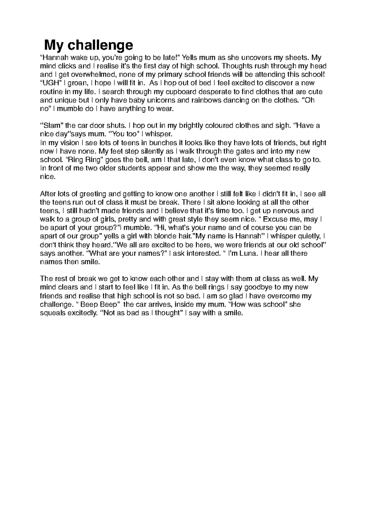 ENG 101: My Challenge - A Narrative of Starting High School - Studocu