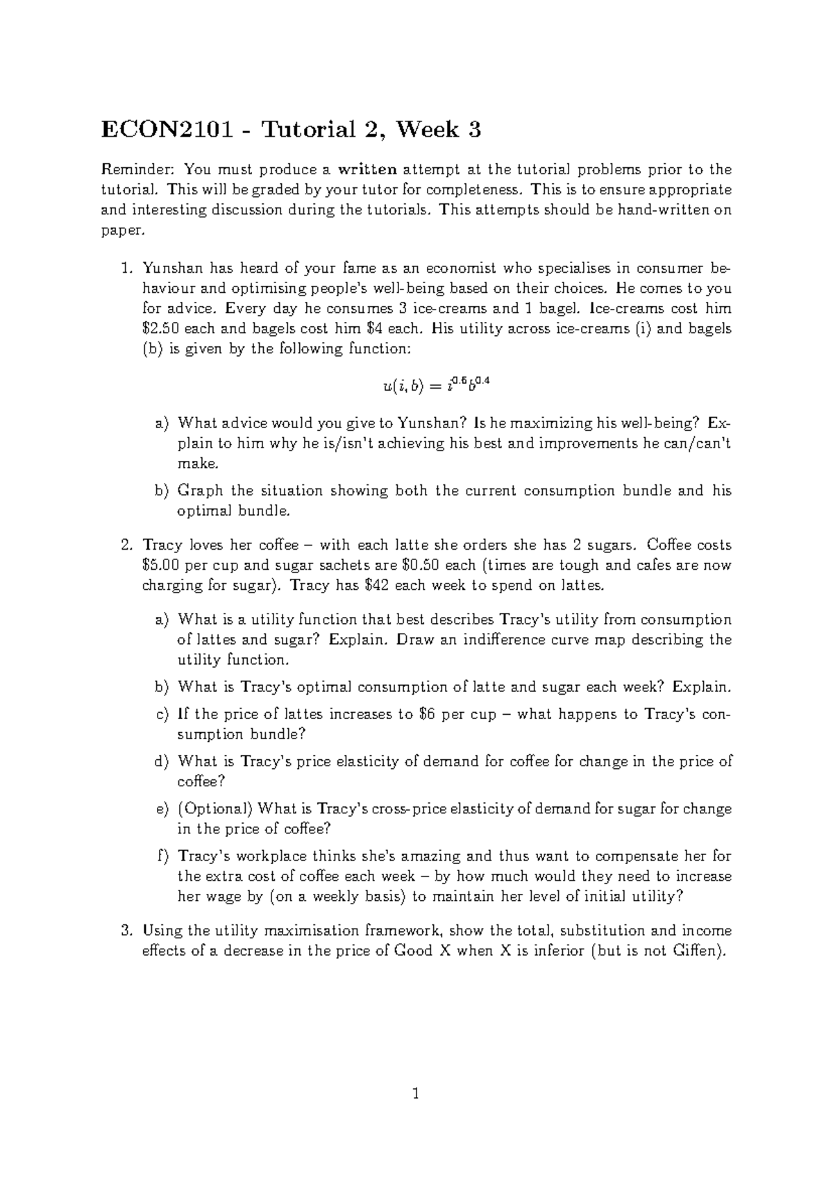 ECON2101 Tutorial 2 Week 3 - ECON2101 - Tutorial 2, Week 3 Reminder ...