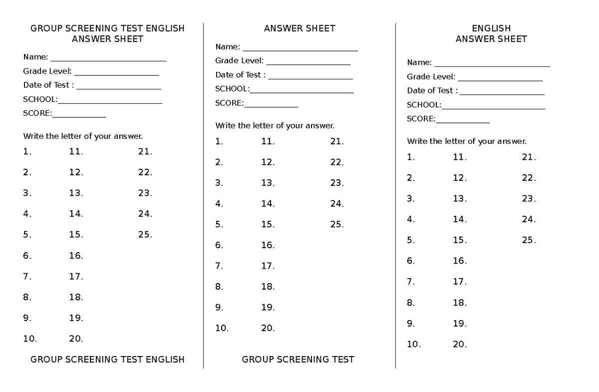 Group Screening Test English (Answer Sheet) - Studocu