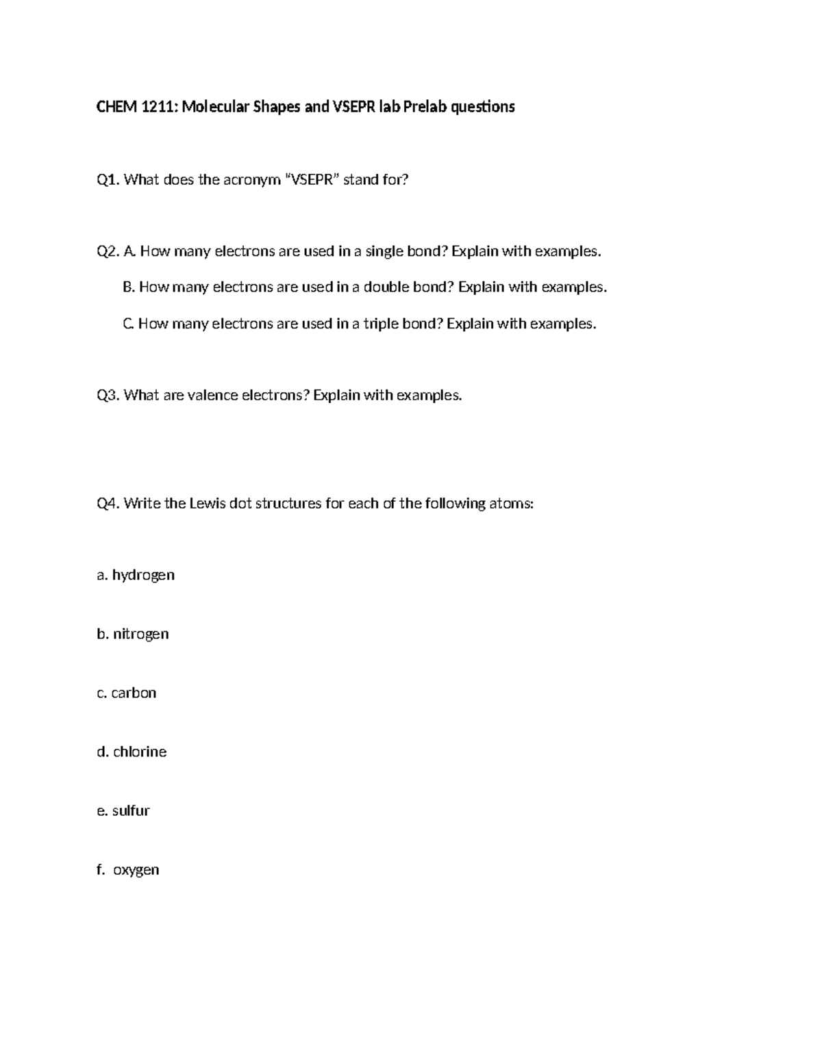 Chem 1211 Lab 10 Prelab On Molecular Shapes And Vsepr Theory Studocu