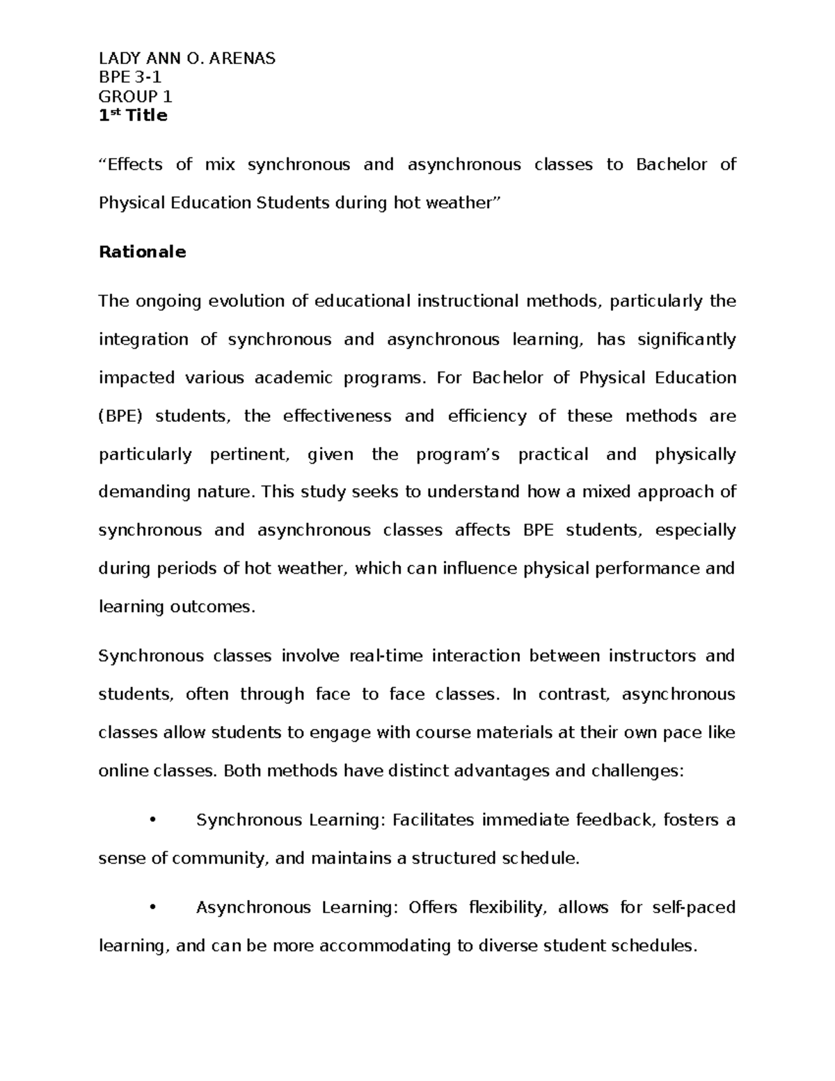 Research in Education 1: Mixed Modality Impact on BPE Students - Studocu