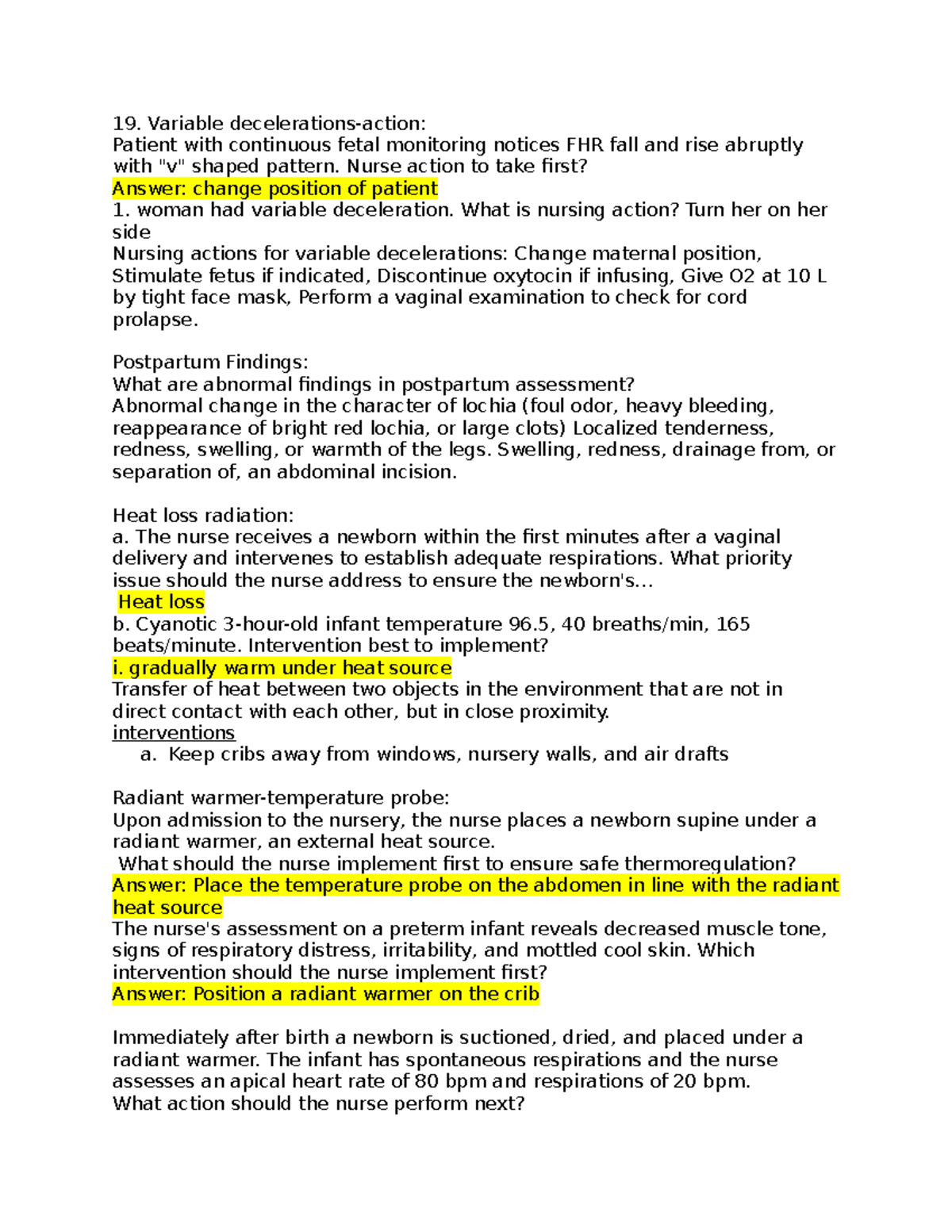 PEDS HESI - notes - 19. Variable decelerations-action: Patient with ...