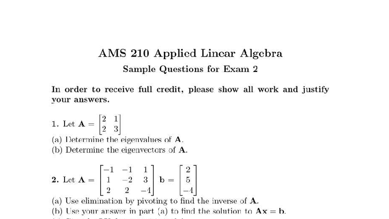 AMS 210 Applied Linear Algebra Sample Questions for Exam 2 - Studocu