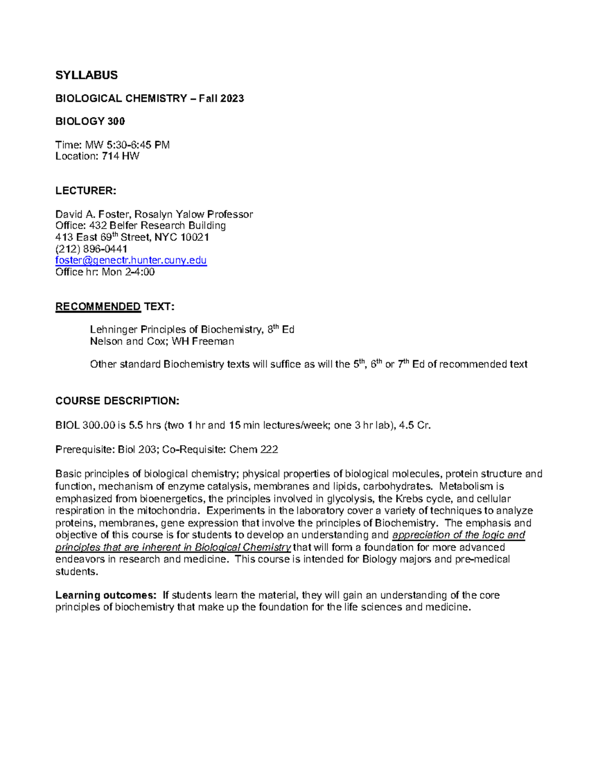 BIOL 300 Syllabus for Biological Chemistry - Fall 2023 - Studocu