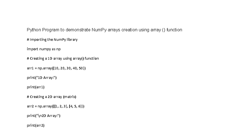 Python Lab Manual: NumPy Arrays Creation & Indexing (Exercise 5) - Studocu