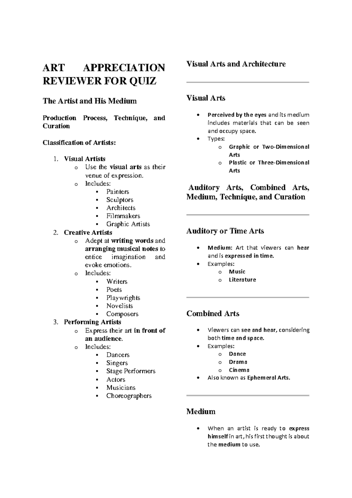 ART APPRECIATION QUIZ REVIEWER: Visual Arts & Architecture Insights ...