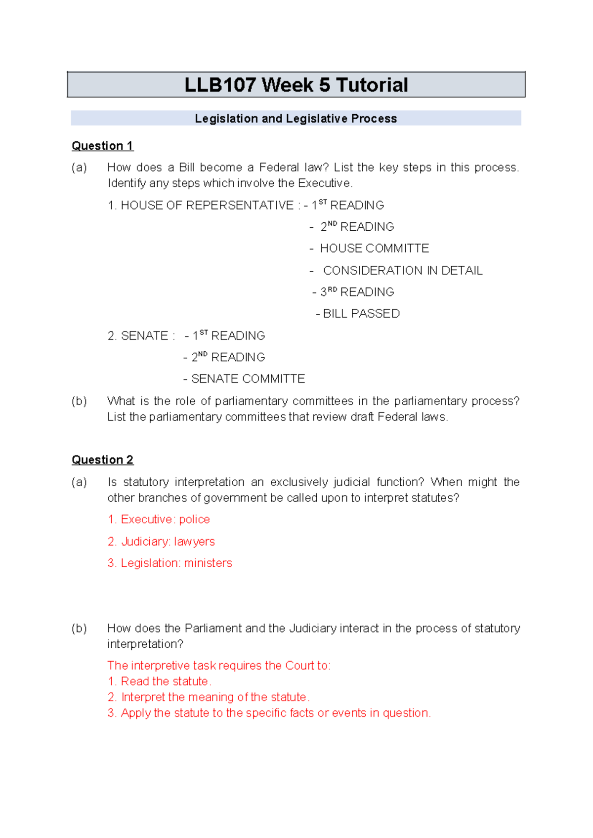 LLB107 Week 5 Tutorial 3 Legislation and Legislative Process - LLB107 ...