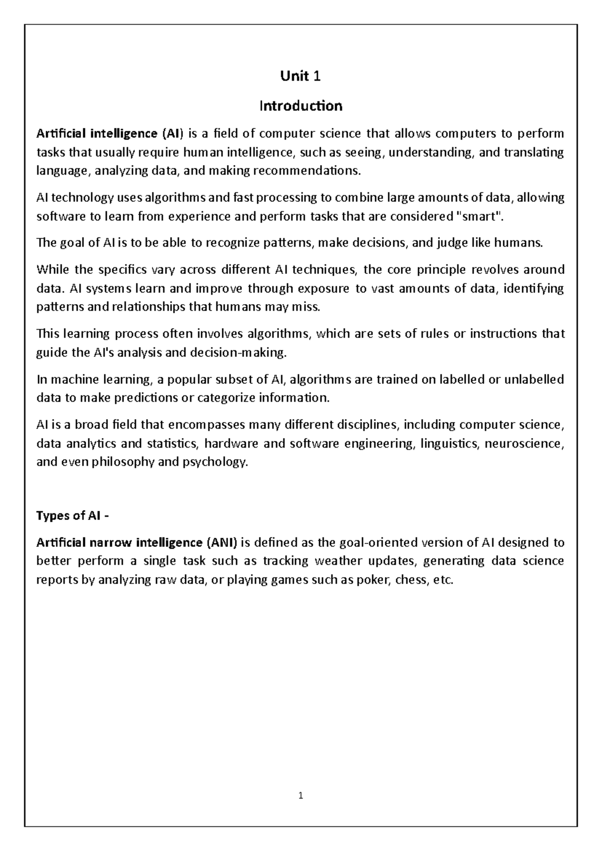 Unit 1: Introduction to Artificial Intelligence (AI) Concepts and Types ...