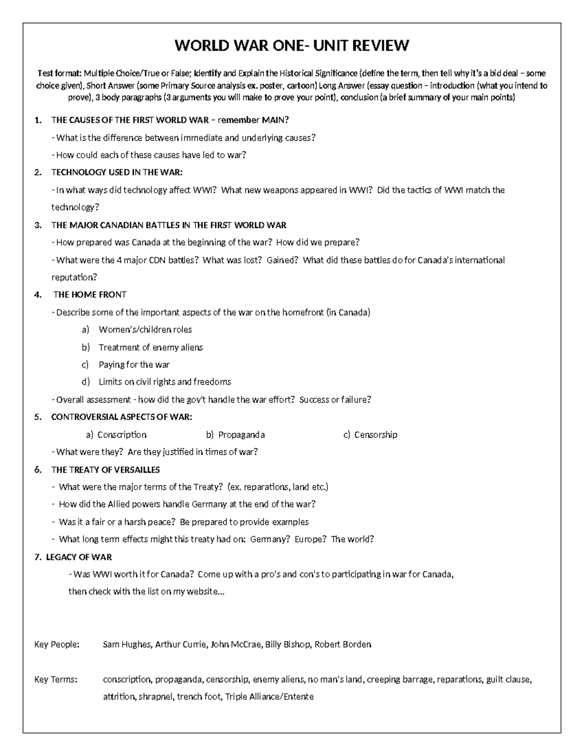 WWI Unit Review: Causes, Battles, and Legacy Analysis - Studocu