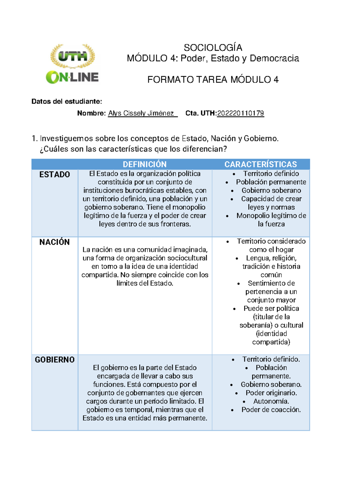 Tarea Modulo 4 - SOCIOLOGÍA MÓDULO 4: Poder, Estado y Democracia FORMATO TAREA MÓDULO 4 Datos ...