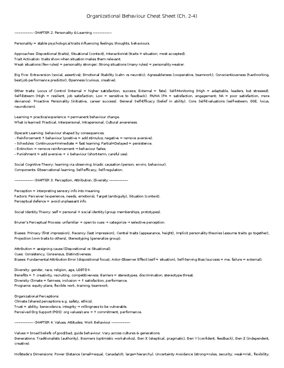 Organizational Behaviour Cheat Sheet (Ch. 2-4): Key Concepts & Theories - Studocu