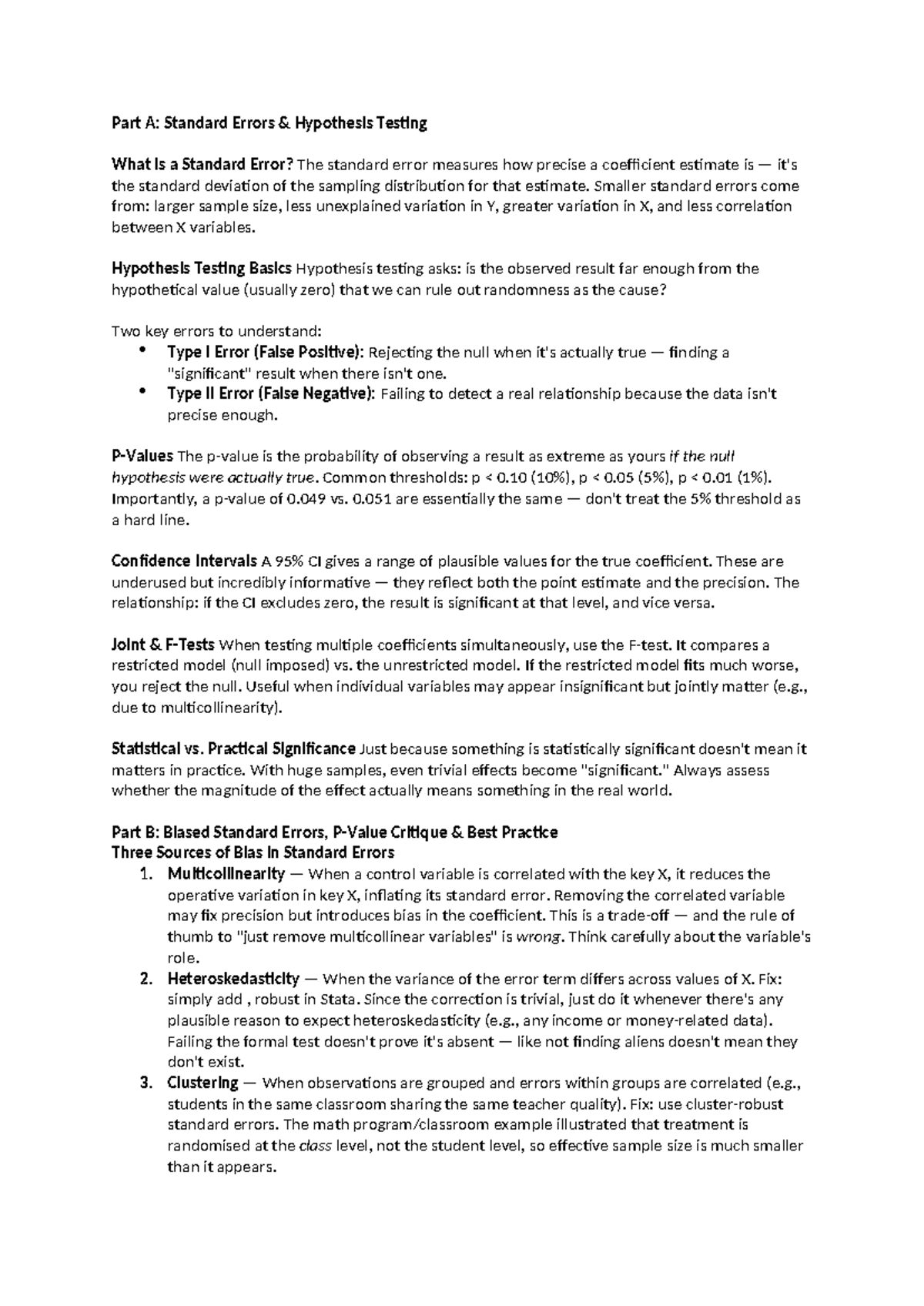 222- Lecture 7: Standard Errors & Hypothesis Testing Explained - Studocu