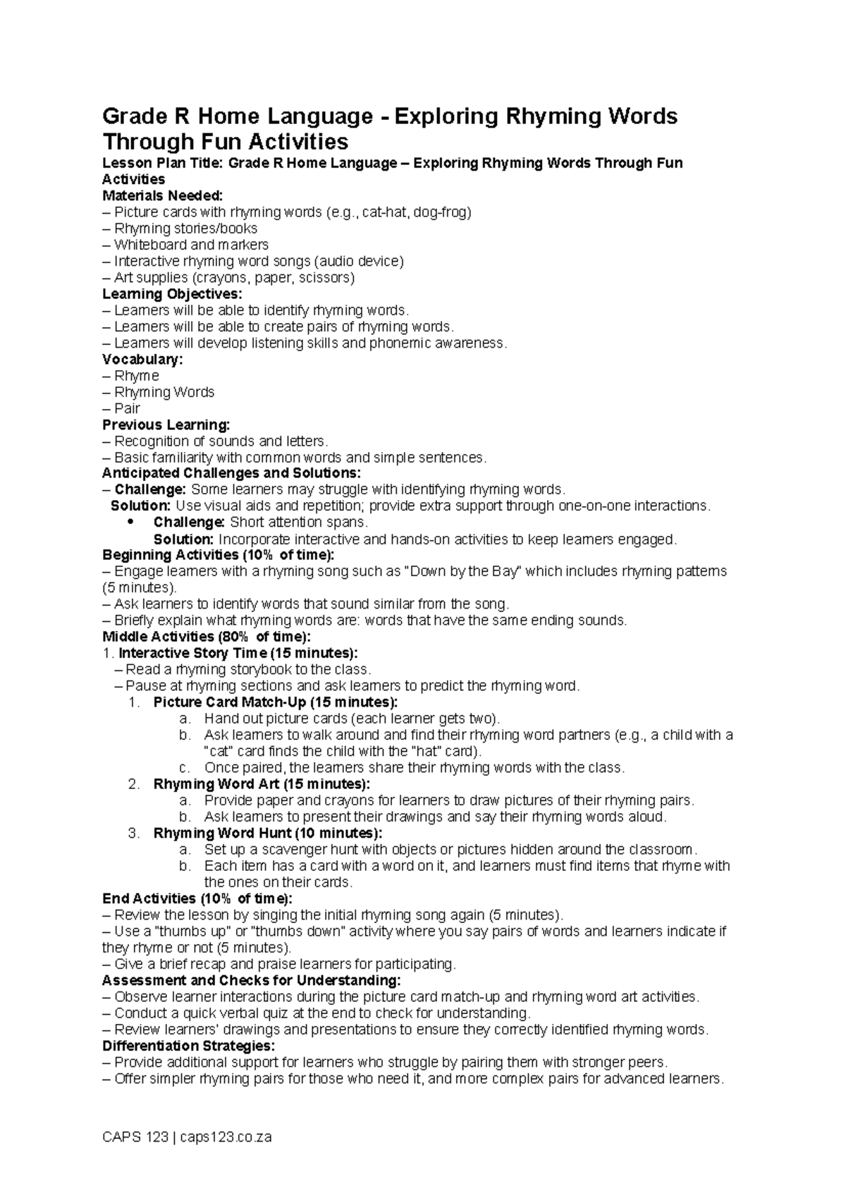 Grade R Home Language: Fun Activities for Exploring Rhyming Words - Studocu