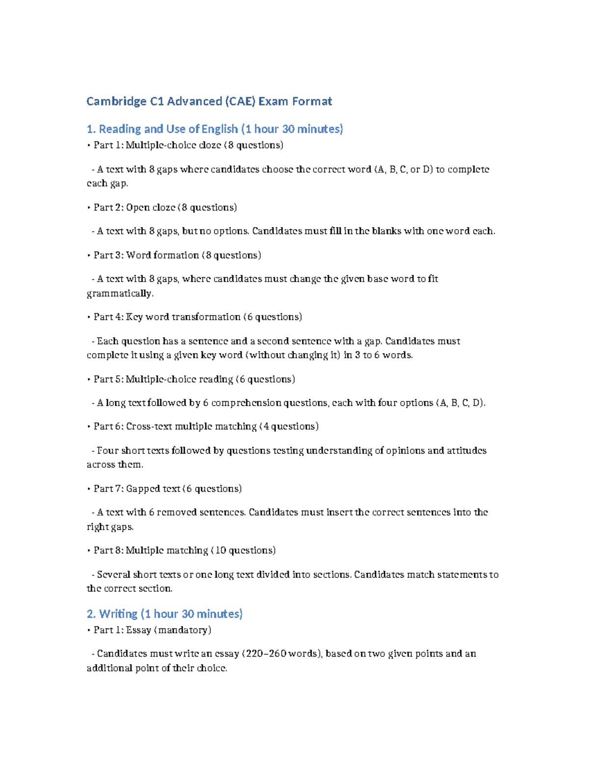Cambridge C1 Advanced (CAE) Exam Format Overview and Details - Studocu