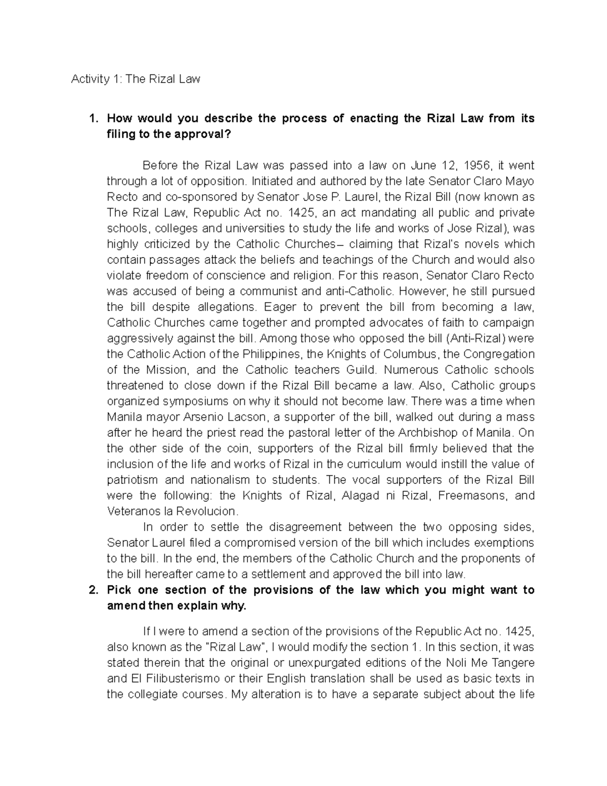 Rizal Law (RA 1425): Enactment, Amendments, and Impact Analysis - Studocu