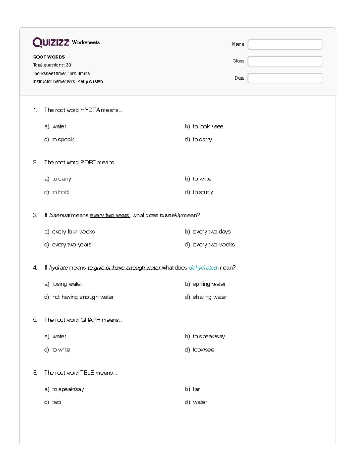 ROOT WORDS Worksheet | Quizizz | 30 Questions on Word Origins ...