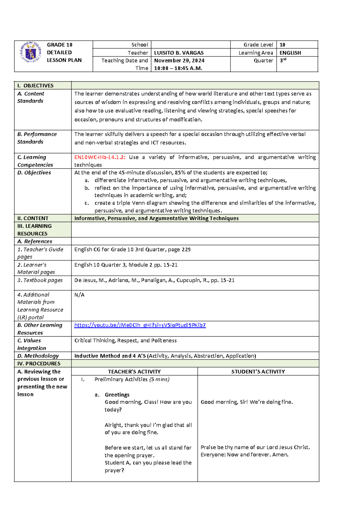 Grade 10 Informative, Persuasive, & Argumentative Writing Lesson Plan ...