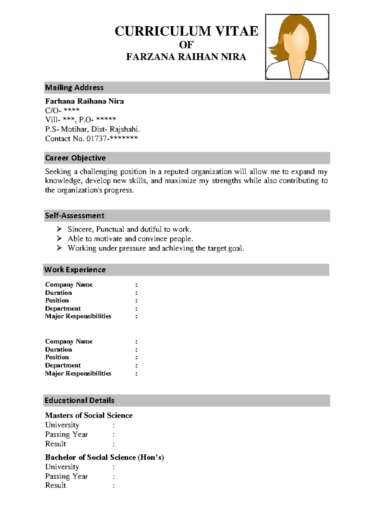 CV Template - Farzana Raihan Nira for Job Applications - Studocu
