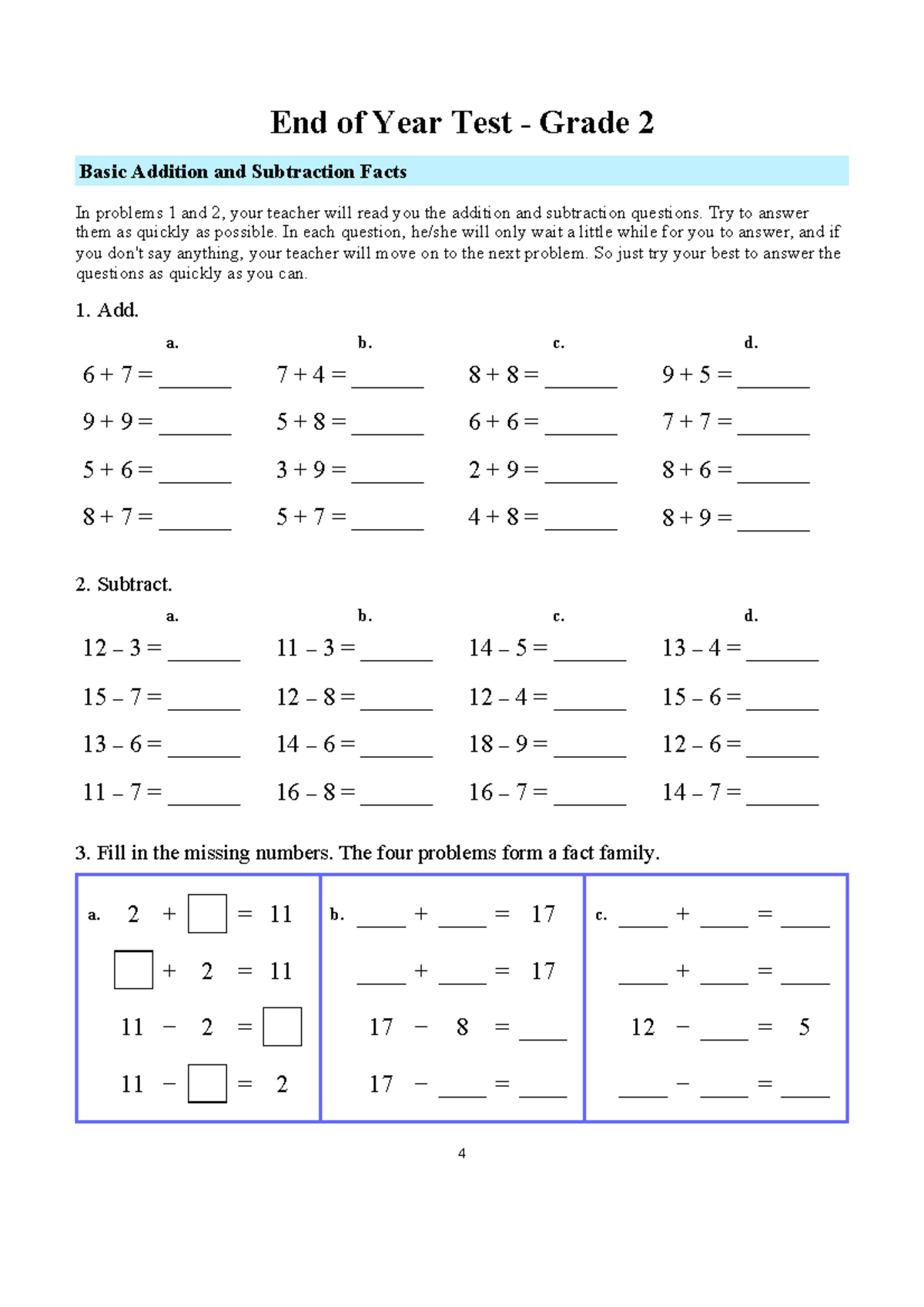 Grade 2 End of Year Test: Basic Addition & Subtraction Facts - Studocu