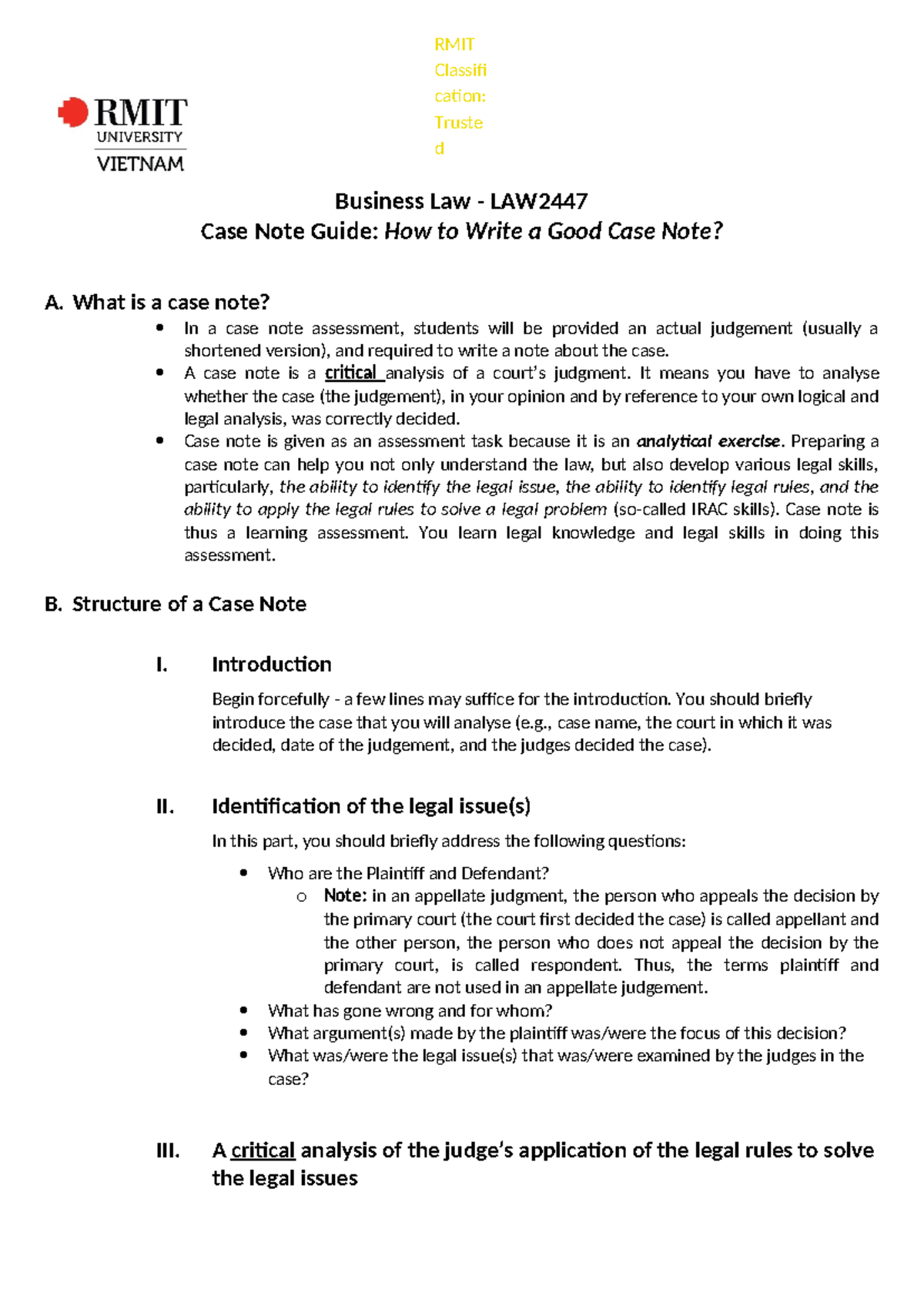 Case Note Guide - Case Question - RMIT Classifi cation: Truste d ...