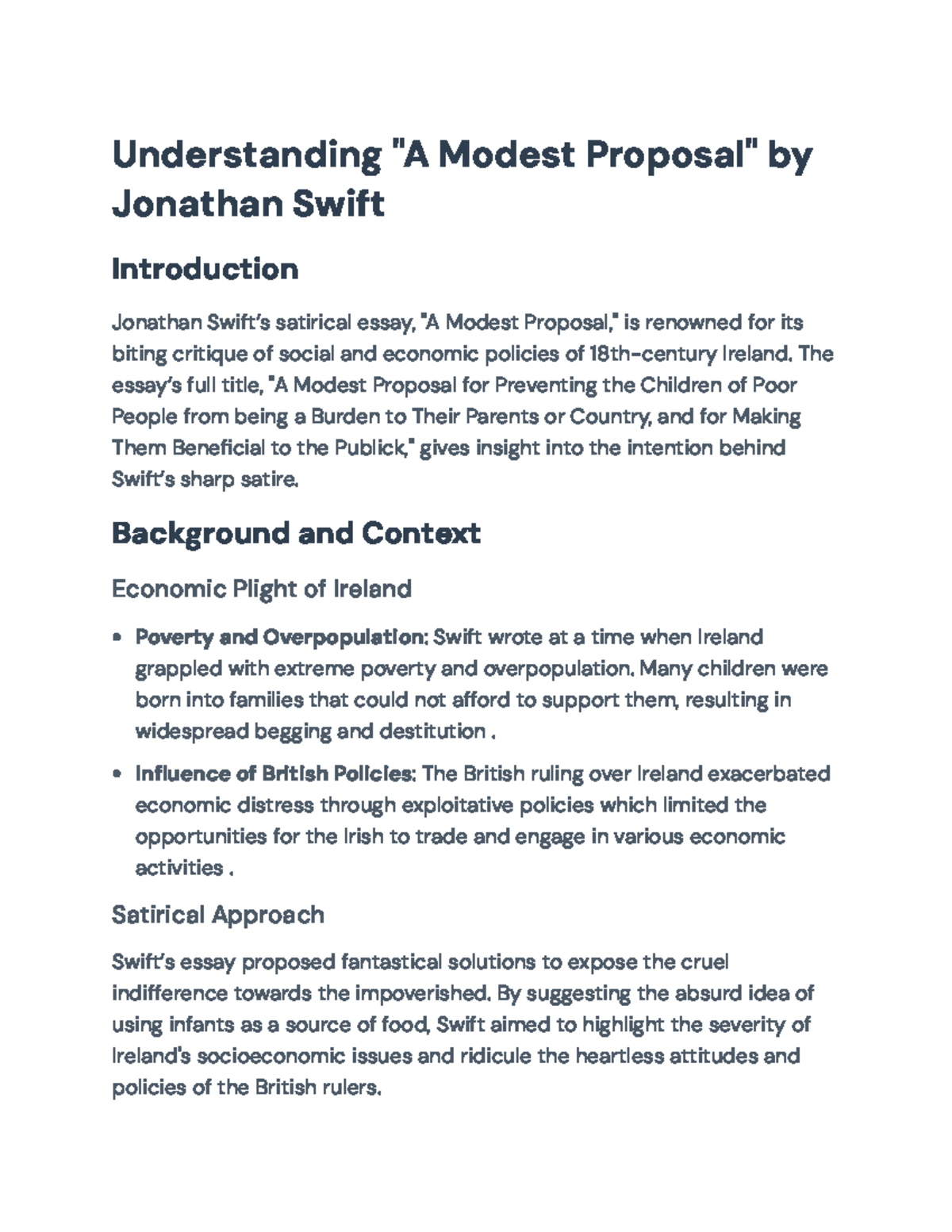 A Comprehensive Study of Swift's "A Modest Proposal" Analysis - Studocu