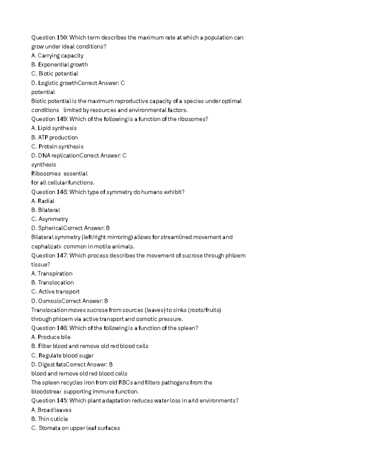 Biology Quiz Compilation: Key Concepts & Answers (BIO101) - Studocu